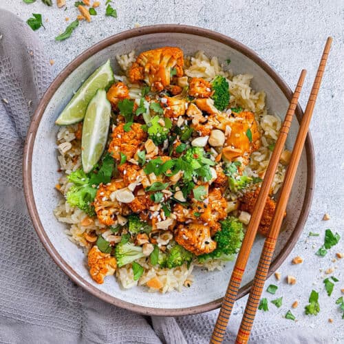 Vegan Sticky Sesame Cauliflower with Coconut Rice | Tisha's Veggie Eats